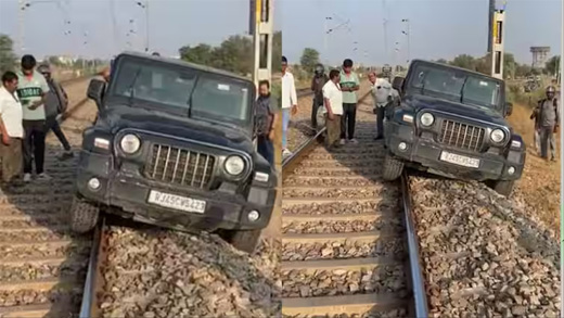 Drunk man drives Mahindra Thar on railway track to shoot a reel, gets stuck